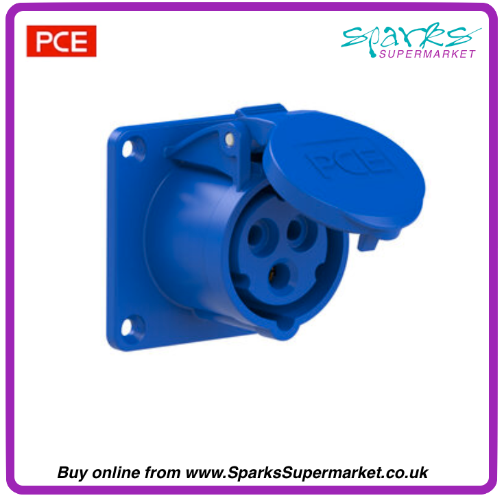 PCE 16A, 230V, Panel Mount Socket, 2P+E, Blue, IP44 – Sparks Theatrical ...
